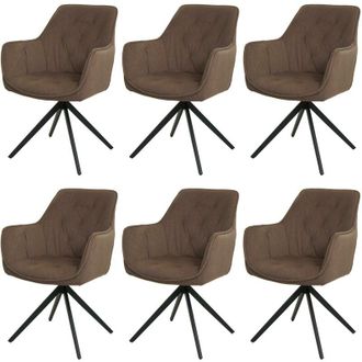 Hhg 6er-Set Esszimmerstuhl 503, K&uuml;chenstuhl Polsterstuhl Stuhl mit Armlehne, drehbar, Metall Stoff/Textil braun