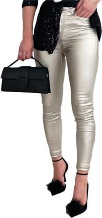 Onsoyours Pantalons Femmes Brillant Minces Legging Mode Décontracté Élastique Pantalon Crayon Solide Couleur Pants Streetwear Clubwear Disco Affaires A Argenté 