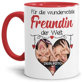 Tassendruck Tasse mit Spruch - Wundervollste Freundin der Welt - personalisiert mit Wunschfoto - Geschenkidee f&uuml;r die beste Freundin - Innen & Henkel Rot, 300 ml