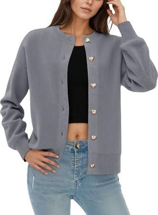 Generic Vestes pour femmes 2026 Cardigan ouvert sur le devant boutonn&eacute; &agrave; manches longues d&eacute;contract&eacute; col rond cardigan en tricot uni v&ecirc;tements dext&eacute;rieur, gri