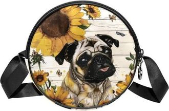 Generic Sac &agrave; bandouli&egrave;re rond pour femme, motif tournesol carlin, petit sac &agrave; bandouli&egrave;re avec fermeture &eacute;clair, bretelles r&eacute;glables, sac &agrave; main rond d&eacute;contr
