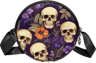 Generic Sac &agrave; bandouli&egrave;re rond pour femme, motif t&ecirc;te de mort, fleurs, petit sac &agrave; dos &agrave; bandouli&egrave;re avec fermeture &eacute;clair, bretelles r&eacute;glables, sac &agrave; main ro