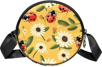 Generic Sac &agrave; bandouli&egrave;re rond pour femme, motif coccinelles, fleurs, petit sac &agrave; bandouli&egrave;re avec fermeture &eacute;clair, bretelles r&eacute;glables, sac &agrave; main rond d&eacute;co