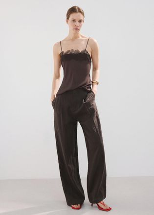 Mango Top liser&eacute; dentelle chocolat - Femme - XXS - MANGO