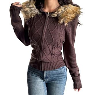 Generic Y2K Cardigan &agrave; capuche pour femme avec doublure en fausse fourrure et fermeture &eacute;clair &agrave; manches longues et bordure en fourrure Style vintage, marron,