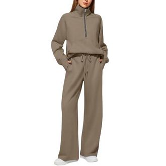 Generic Ensemble de surv&ecirc;tement d&eacute;contract&eacute; deux pi&egrave;ces pour femme avec demi-fermeture &eacute;clair et pantalon &agrave; jambes larges, surv&ecirc;tement en lin et coton, tenue 