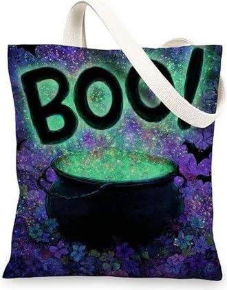 Generic Sacs fourre-tout en toile dHalloween, motif chaudron effrayant, sacs de courses réutilisables, colorés, légers, lavables, violet, 13x15 Inch