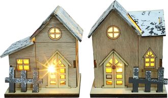 Cabilock LED Weihnachtsdeko Holzornamente 2 St&uuml;ck Leuchtende Miniatur Holzh&auml;user Schreibtischdekoration Festliche Beleuchtung