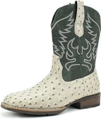 Generic Bottes De Cowboy pour Hommes Bottes Western À Bout Carré Durables Rétro Classiques Imprimé Crocodile À Enfiler Antidérapantes,White and Green,42.5 EU