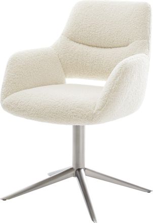 DELIFE Esszimmerstuhl Yago-Flex mit Armlehnen Fu&szlig;kreuz Edelstahl Teddystoff Beige 360&deg; drehbar Wippfunktion Taschenfederkern