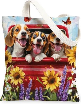 Generic Sac fourre-tout en toile motif chien border collie printanier 33 x 38,1 cm, camion jardin, marguerite, chiot pittoresque, sac d&eacute;picerie r&eacute;utilisable p