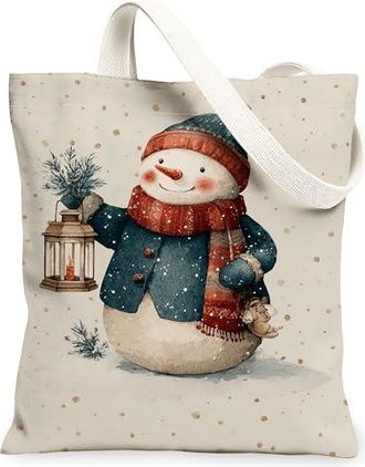 Generic Sacs fourre-tout en toile motif bonhomme de neige r&eacute;utilisables, avec bandouli&egrave;re d&eacute;corative l&eacute;g&egrave;re et lavable pour voyage, plage, pique-nique, 33 x 3