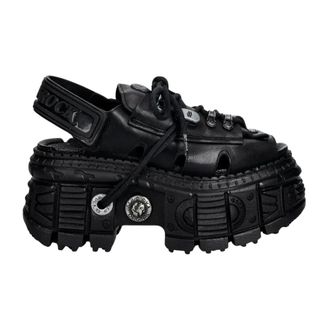 New Rock Sandale Plate &agrave; Lacets - Femme - Chaussures - Noir - Taille: 37 EU