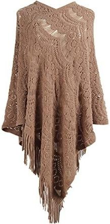 Generic Châle dhiver thermique pour femme - Longueur moyenne - Crochet creux irrégulier - Pull à pompons - Cape - Châle en tricot, kaki, taille unique