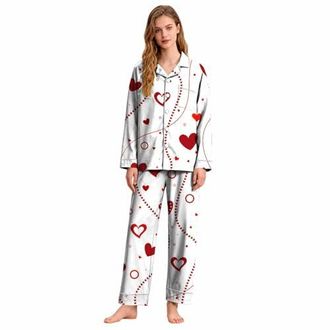 Generic Ensemble de pyjama 2 pi&egrave;ces en satin pour femme avec imprim&eacute; coeur romantique et haut &agrave; boutons &agrave; revers et pantalon pour femme, v&ecirc;tements de d&eacute;tente 