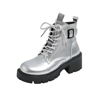 Generic Bottes &agrave; lacets d&eacute;contract&eacute;es et chaudes pour femme - Bout rond - Fermeture &eacute;clair lat&eacute;rale - Doublure en fausse fourrure - Talon bas et &eacute;pais - Botti