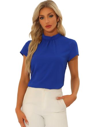 Allegra K Damen Bluse Sommer Kurzarm Stehkragen Chiffon Business Oberteil Fl&uuml;gel&auml;rmel Elegant Top K&ouml;nigsblau XS
