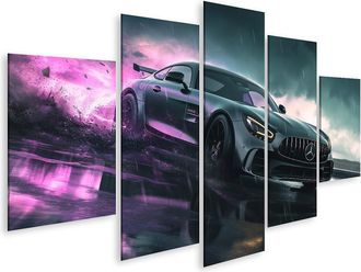 Islandburner Bild auf Leinwand Neonregen Mercedes AMG im Sturm f&uuml;r Wohnzimmer Autoliebhaber Autohaus Bilder Wandbilder Poster