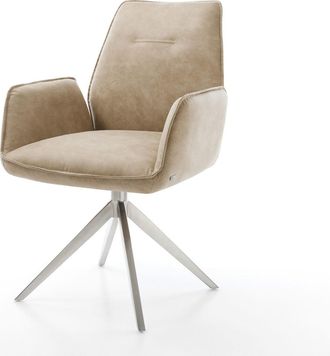 DELIFE Drehstuhl Zoa-Flex Mikrofaser Beige Vintage Kreuzgestell breit Edelstahl 360° drehbar Wippfunktion Taschenfederkern, Esszimmerstühle