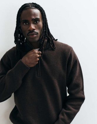 Wrangler sweatshirt en m&eacute;lange de laine &agrave; zip 1/4 marron