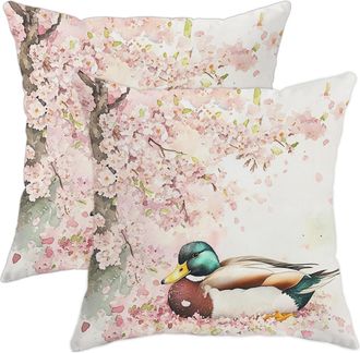 Generic Deko-Kissenbez&uuml;ge mit Kirschbl&uuml;ten-Ente, Aquarell, saisonale Heimdekoration, f&uuml;r Sofa, Bett, Couch, von der Natur inspirierte Akzente, 40,6 x 40,6 cm,