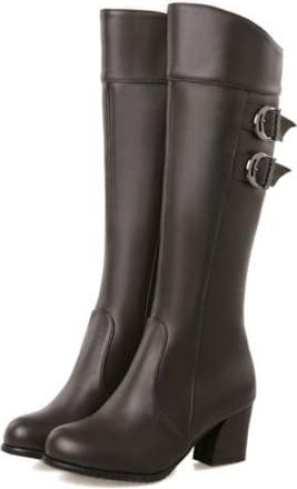Generic Marron,38 EU,Bottes Hautes pour Femmes, Bout Rond, Talons épais, avec Double Boucle en métal, Fermeture éclair latérale, Bottes Longues, Chaussures ha