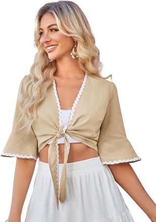 Belle Poque Boléro court à manches mi-longues en mousseline de soie pour femme, abricot, XL