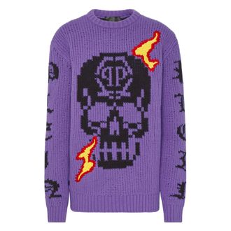 Philipp Plein Femme, Pulls, Violet, Taille: 40 FR Round Neck Pullover LS Skull
