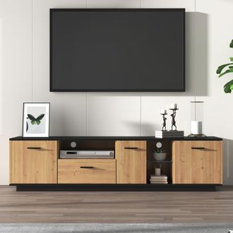 Generic Kebnor TV-Schrank mit Einer Schublade, DREI Türen, Zwei offene Fächer mit Glas TV-Möbel, TV-Board, TV-Lowboard Feinstruktur. Schwarze und natürliche H