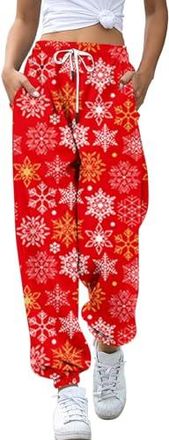 Generic Pantalon de Noël en coton avec poches pour femme, pantalon ample à jambe droite pour femme, pantalon à revers taille élastique, pantalon baggy surdime