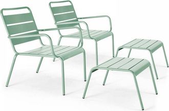Oviala Lot de 2 fauteuils relax avec repose-pieds en m&eacute;tal vert sauge - Palavas