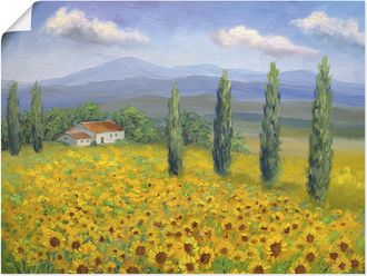 Artland Wanddeko Poster & Kunstdrucke Wandposter 80x60 cm Querformat Landschaften Bauernhof Feld Sonnenblumen Säulen Zypressen Sommer U4PZ