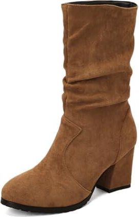 Generic Femmes mi-Mollet Bottes Amples Bout Rond Chunky Bloc Talons Daim rétro décontracté soirée soirée Chaussures de Travail,Marron,39 EU