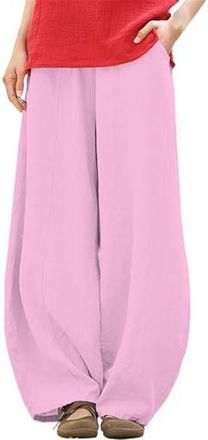 Generic Pantalon d&eacute;t&eacute; en lin pour femme - Pantalon ample en coton et lin - Jambe large - Pantalon Palazzo &eacute;lastique - Coupe ample avec poches - Pantalon de su