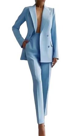 Generic Tenue deux pi&egrave;ces pour femme : blazer &agrave; double boutonnage et pantalon &agrave; jambe droite, look d&eacute;contract&eacute; &eacute;l&eacute;gant, bleu clair, XXL