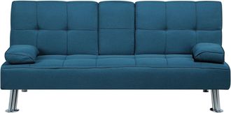 Beliani 3-Sitzer Schlafsofa Stoffbezug blau mit integriertem Tisch Klapparmlehne Roxen