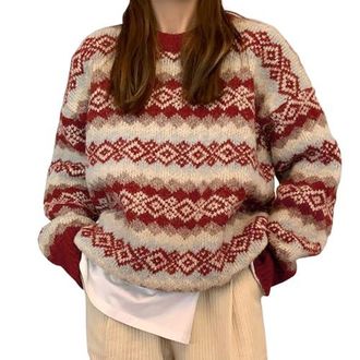 Generic Pull Femme Noel Col Rond,Pull FéMinin Ample Et Doux en Tricot DéContracté pour Tenue Quotidienne Confortable avec Motif DéCoratif Et Col Rond Concepti