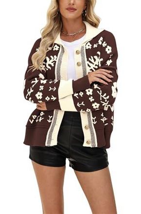 Generic Cardigan dhiver &agrave; col carr&eacute; boutonn&eacute; en tricot ample pour femme, cardigan floral pour femme, v&ecirc;tement dext&eacute;rieur en tricot, caf&eacute;, XL