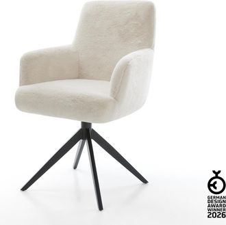 DELIFE Drehstuhl Heira-Flex mit Armlehnen Pl&uuml;sch Creme-Wei&szlig; Kreuzgestell breit Schwarz 360&deg; drehbar Wippfunktion Taschenfederkern, Esszimmerst&uuml;hle