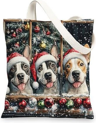 Generic Sac fourre-tout en toile r&eacute;utilisable pour faire du shopping Motif Bull Terrier 33 x 38,1 cm, motif chiot de No&euml;l pour femme, peinture esth&eacute;tique, d&eacute;c