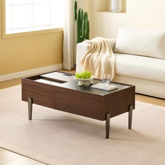 Suky Brand Moderner Couchtisch mit Schubladen & Glasplatte - Dunkelbraunes Holzdesign, Holzmaserung in Marmoptik, Metallbeine & viel Stauraum für Wohnzimmer, 105