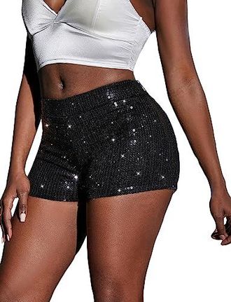 Feoya Shorts &agrave; Paillettes Scintillantes Sexy Rave M&eacute;talliques Taille Haute Slim Fit &agrave; Glimmer Hot Shorts pour Clubwear, Danse, Paillettes M&eacute;talliques, Hip H