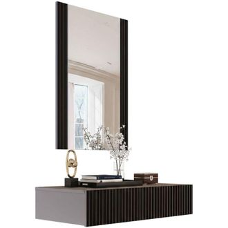 Dmora Premolo Konsole, h&auml;ngender Eingang mit Spiegel, modernes Design mit Schilfeffekt, 80x42 h97 cm, schwarz