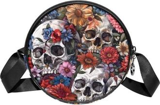 Generic Petit sac &agrave; bandouli&egrave;re circulaire pour femme, motif cr&acirc;nes, fleurs, petit sac &agrave; bandouli&egrave;re avec fermeture &eacute;clair, bretelles r&eacute;glables, sac &agrave; main ro
