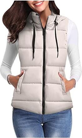 Generic Gilet S Gilet chaud pour femme Gilet rembourr&eacute; sans manches avec capuche amovible Vestes Femme Noir Adolescent, beige, XXL