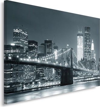 Feeby Frames Feeby, Leinwandbild, Bilder, Wand Bild, Wandbilder, Kunstdruck 80x120cm, BRÜCKE, Stadt, Nacht, New York, Brooklyn Bridge, SCHWARZ UND WEIß