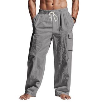 Generic Pantalon de sport en lin pour homme - Pantalon de jogging avec poches multiples - Pantalon en lin avec taille &eacute;lastique - Pantalon de surv&ecirc;tement - Pa