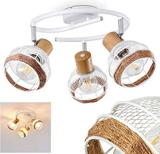 HOFSTEIN Plafonnier Bariloche en bois, raffia & m&eacute;tal blanc, 3 spots de plafond pivotants cr&eacute;ant un effet lumineux au plafond par les abat-jours grillag&eacute;s, pou