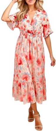 Generic Robe d&eacute;t&eacute; boh&egrave;me 2026 pour femme, col en V, manches courtes, smock&eacute;e, longue robe d&eacute;t&eacute; fluide pour invit&eacute;e de mariage, fian&ccedil;ailles, rose, XXL