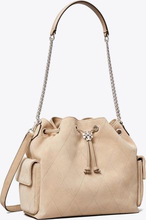 Tory Burch Damen Gesteppte Charlie Schultertasche aus Wildleder mit Tunnelzug